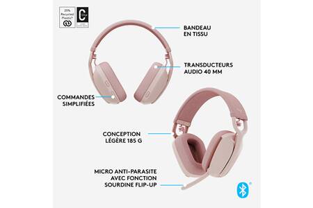 Casque PC Logitech Zone Vibe 100 Casque d''ecoute leger sans fil avec Micro anti-bruit - Rose ...