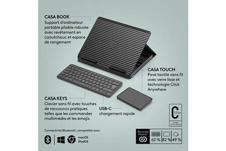Clavier Logitech Casa Pop-Up Desk Graphite, support, clavier sans fil ...