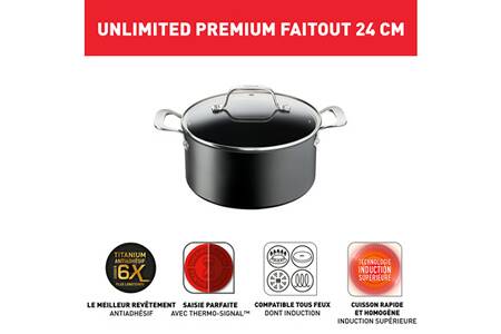 Marmite / Faitout Tefal FAITOUT 24 CM (5L) + COUVERCLE UNLIMITED PREMIUM INDUCTION G2564602 | Darty