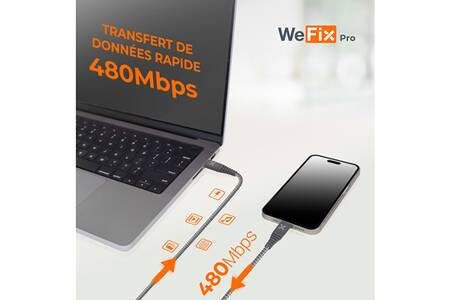 Câble téléphone portable Wefix Pro Cable Renforce Lightning >USBC 2 ...